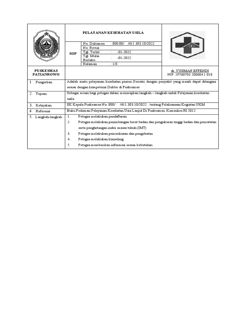 Sop Pelayanan Kesehatan Usila (2022) | PDF