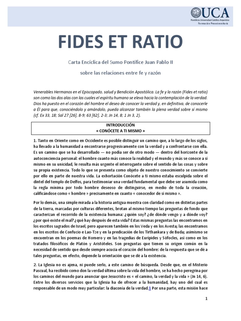 Carta Encíclica FIDES ET RATIO | PDF | Verdad | Pensamiento