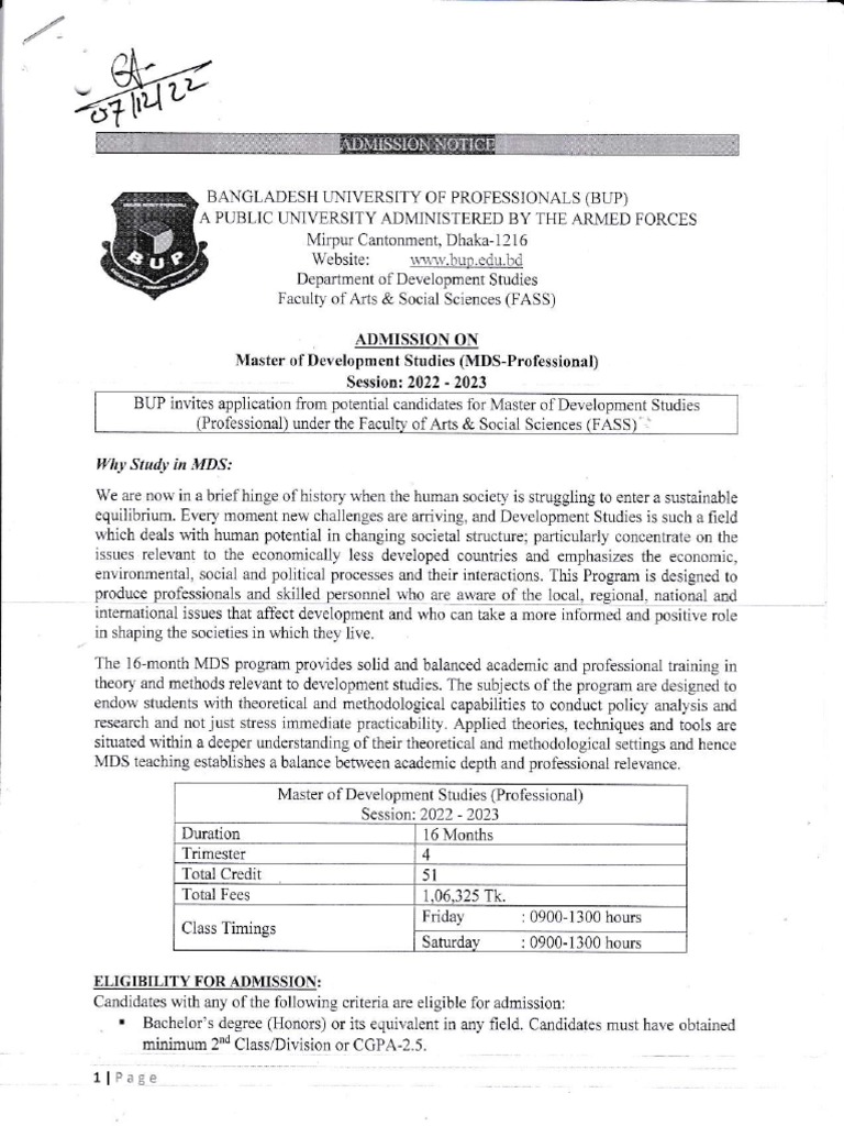Revised MDS-Professional Admission Circular | PDF | Schools ...