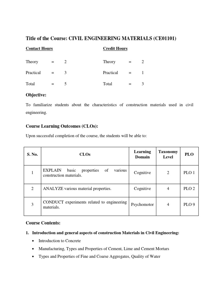 Civil Engineering Materials Course Overview | PDF | Concrete | Brick