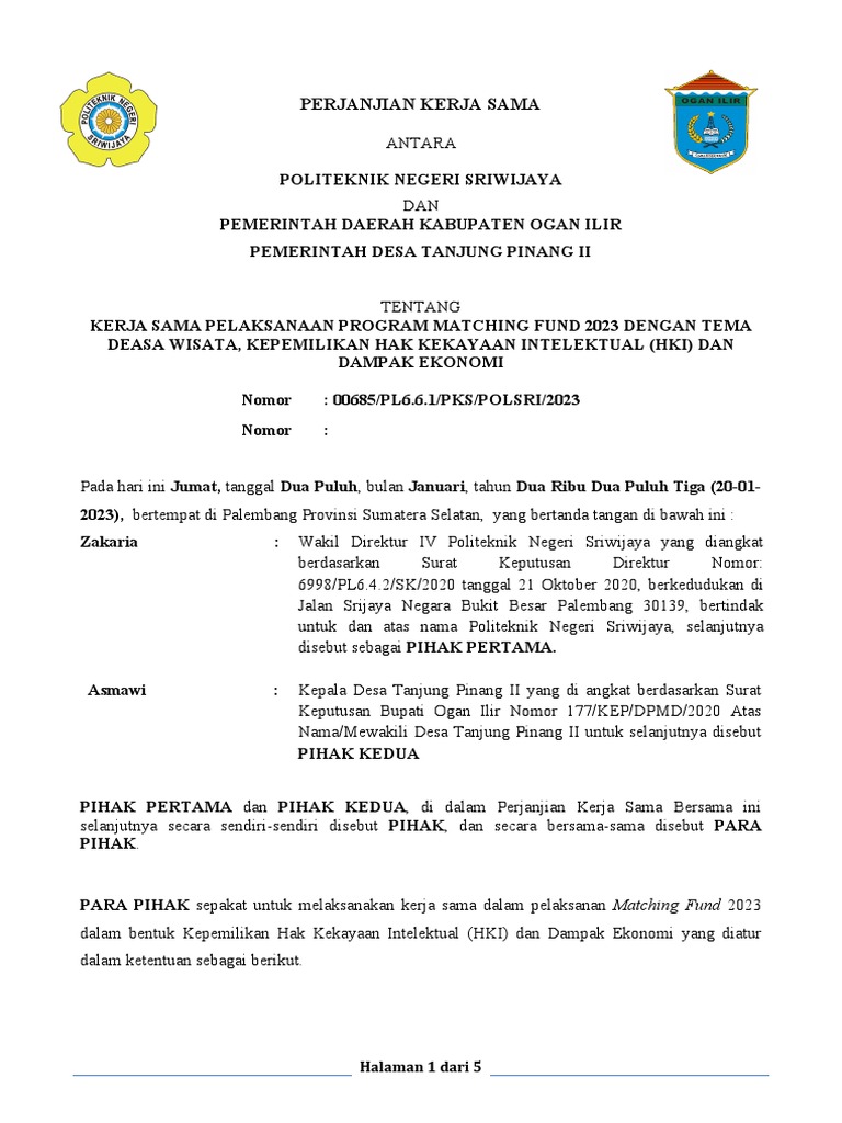 Draft PKS MFV 2023 Polsri-Mitra DESA TP II | PDF
