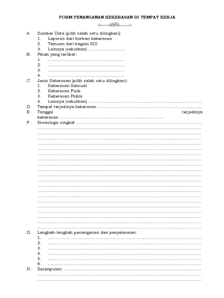 Form Penanganan Kekerasan Di Tempat Kerja | PDF