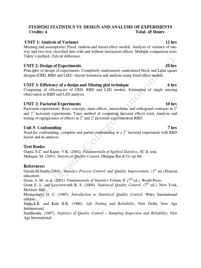 Design and Analysis of Experiments Syllabus | PDF