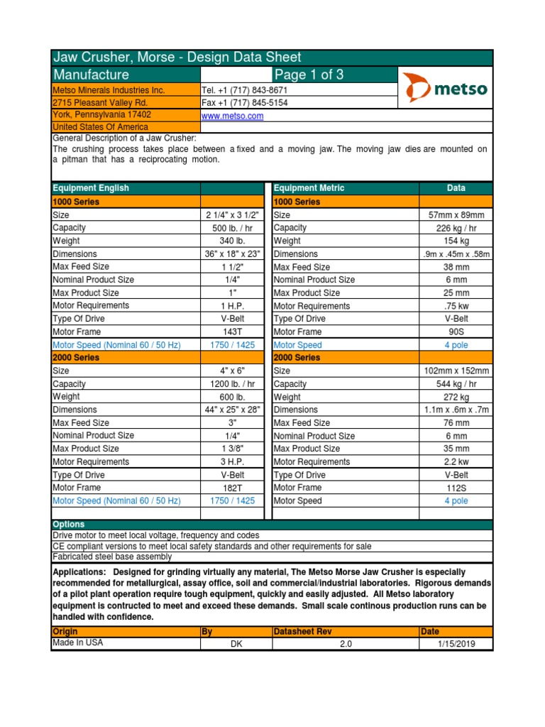 Morse, Jaw Crusher - Datasheet | Download Free PDF | Manufactured Goods | Secondary Sector Of ...