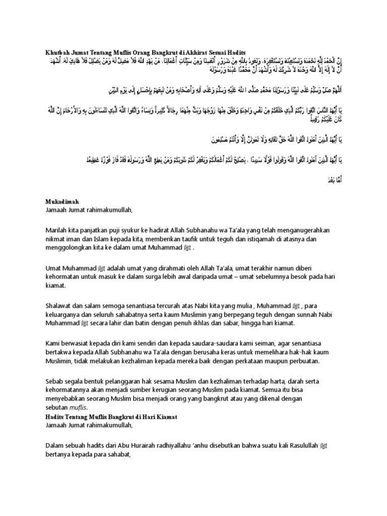 Khutbah Jumat Tentang Muflis Orang Bangkrut Di Akhirat Sesuai Hadits | PDF Khutbah Jumat Tentang Muflis Orang Bangkrut Di Akhirat Sesuai Hadits | PDF