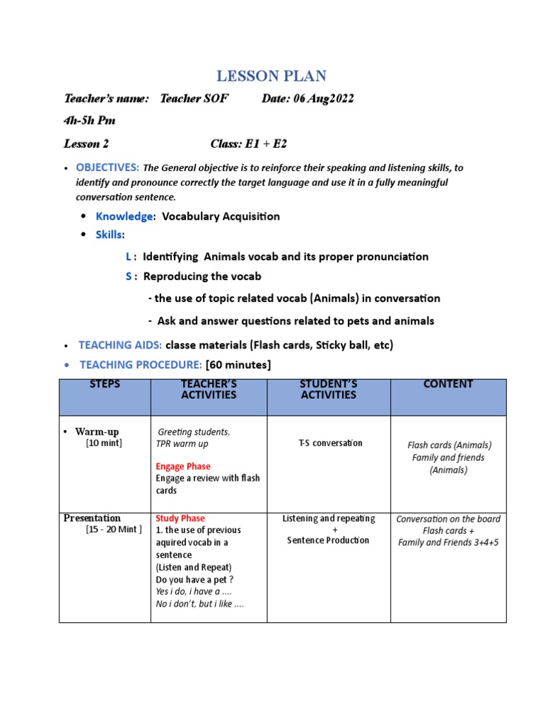 LESSON PLAN 2 Animals | PDF