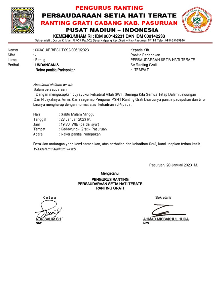 Undangan Rakor PSHT Ranting Grati | PDF