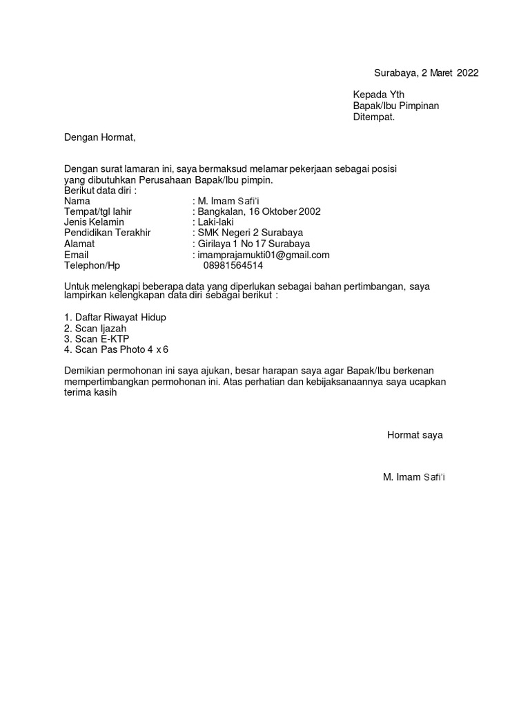Lamaran Kerja M. Imam Safi'i | PDF