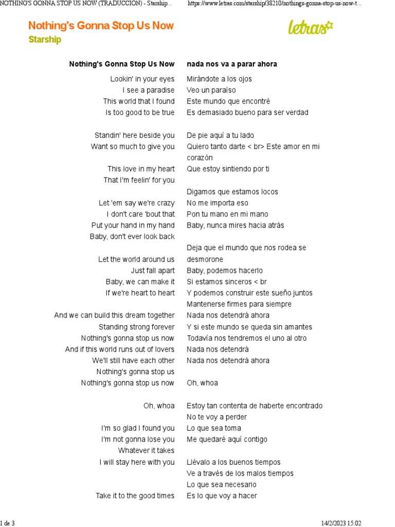 NOTHING'S GONNA STOP US NOW (TRADUCCIÓN) - Starship (Impresión) | PDF ...