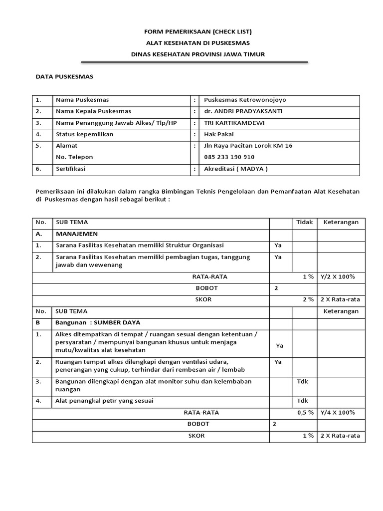 Ceklis Alkes Puskesmas 2021 | PDF