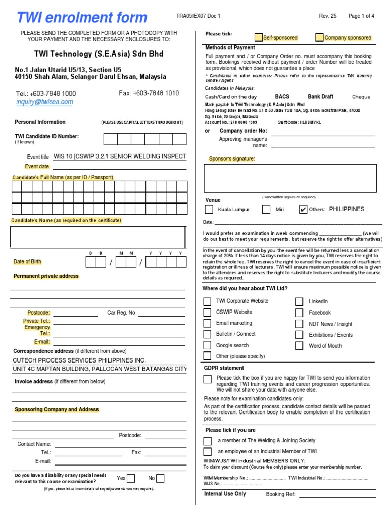 Cswip 3.2.1 Enrollment Form (Initial) | PDF | Nondestructive Testing ...