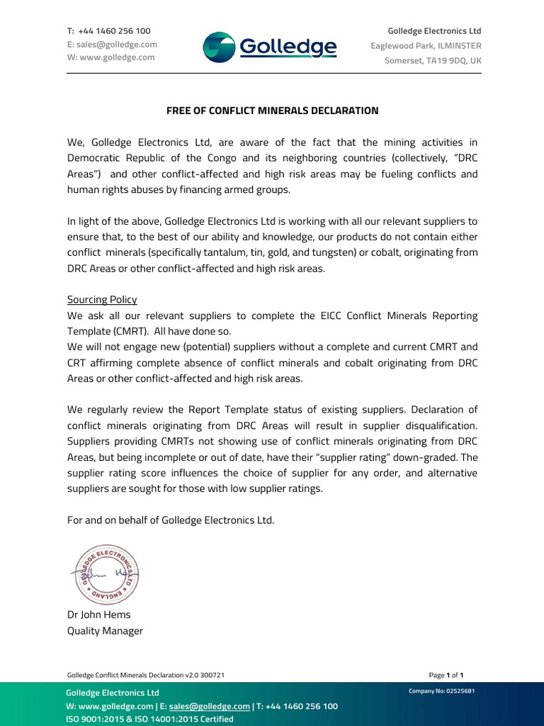 Golledge Conflict Minerals Declaration | PDF