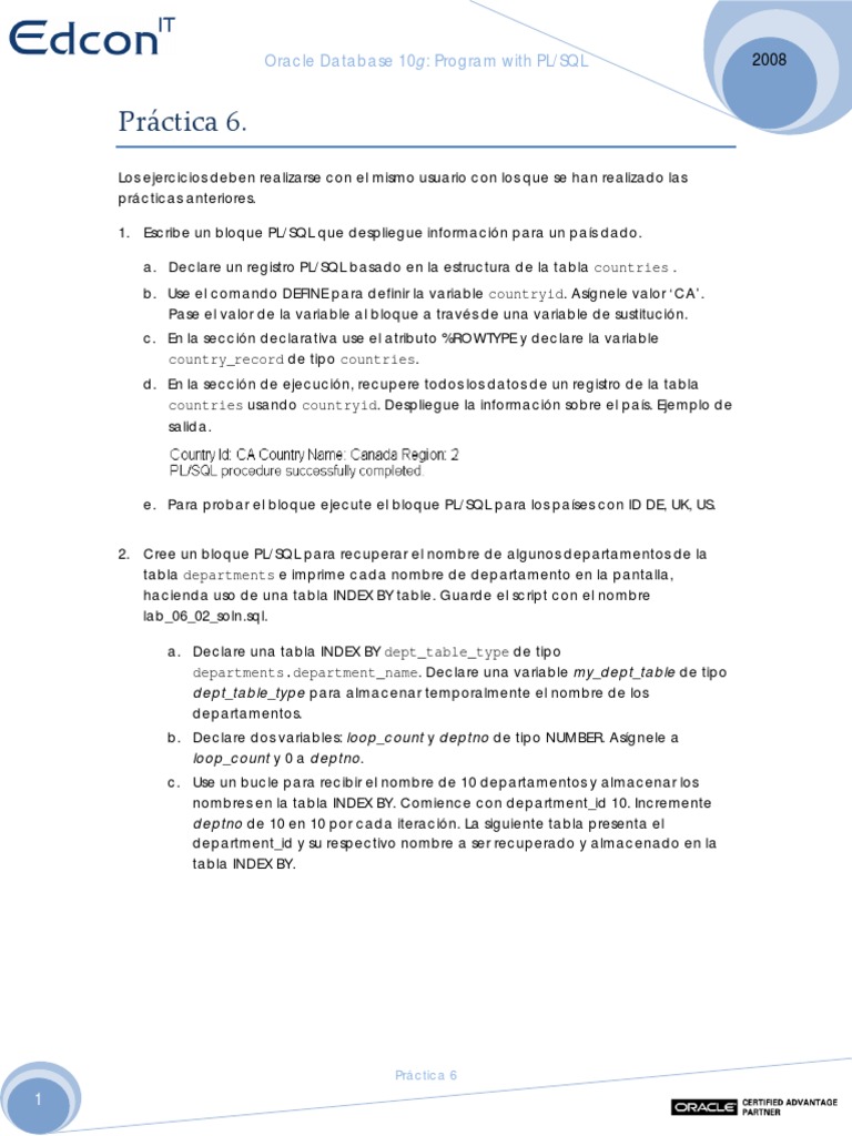 Ejercicios PL/SQL en Oracle 10g | PDF | Pl / Sql | SQL