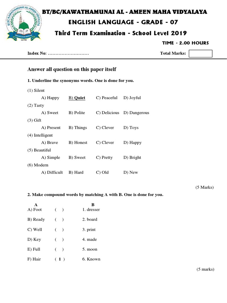 Grade 7 Third Exam Paper | PDF | Classroom | Grammatical Tense