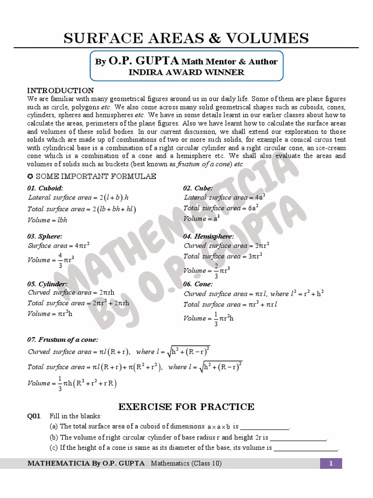 Surface Areas & Volumes for Class 10 | PDF | Sphere | Area