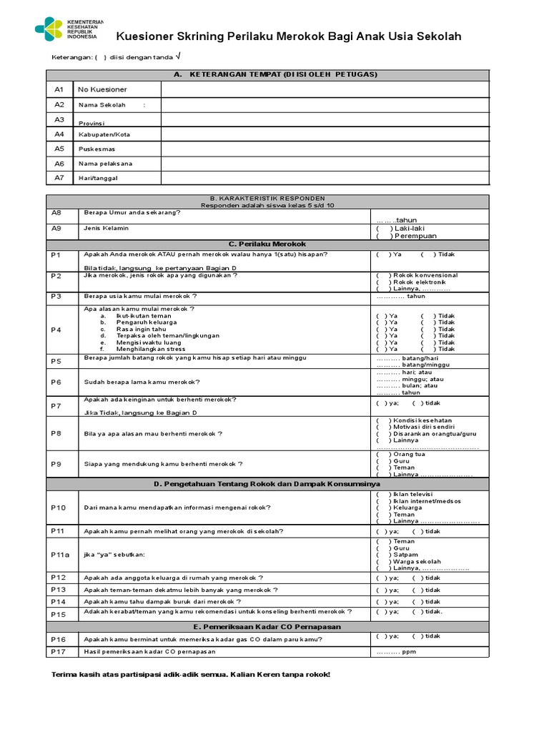 Kuesioner Skrining Merokok Anak Sekolah | PDF