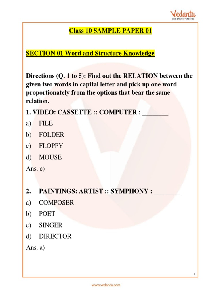 IEO English Sample Papers For Class 10 | PDF