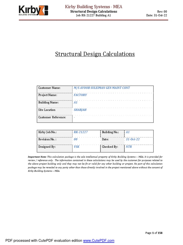 Structural Design Calculations: Rev: 00 Job RK-21227 Building A1 Date: 31-Oct-22 | PDF ...