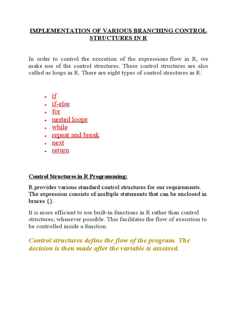 Implementation Of Various Branching Control Structures In R Pdf Control Flow Computer 