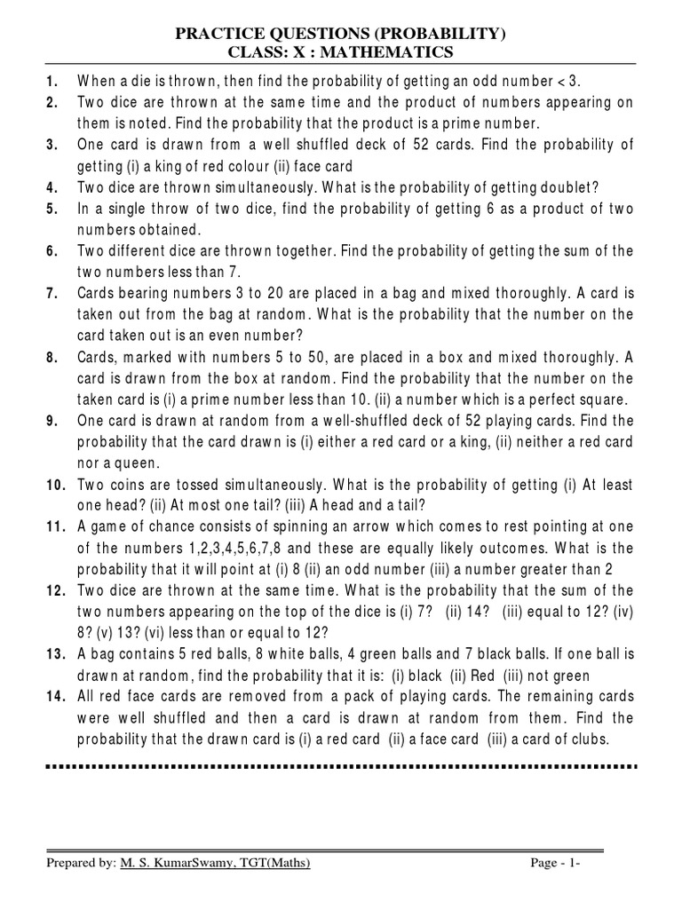 Practice Questions Probability Class X | PDF | Probability | Dice