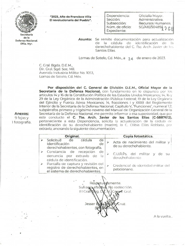 Solicitud de actualización de cédula de identificación de derechohabiente de militar por ...
