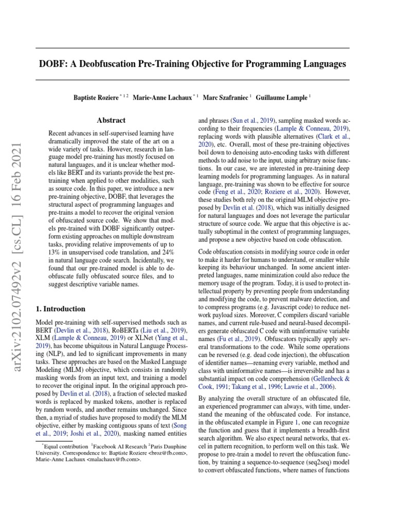 DOBF - A Deobfuscation Pre-Training Objective For Programming Languages | PDF | Source Code ...