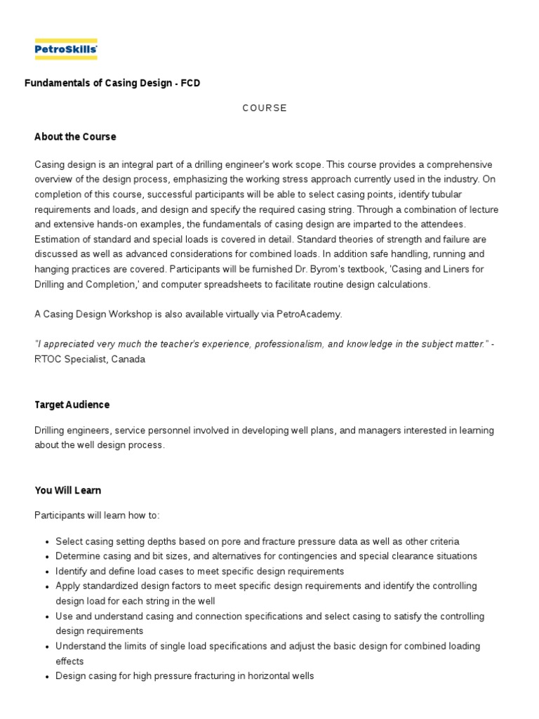 Course Fundamentals of Casing Design - FCD | PDF | Casing (Borehole ... Course Fundamentals of Casing Design - FCD | PDF | Casing (Borehole ...