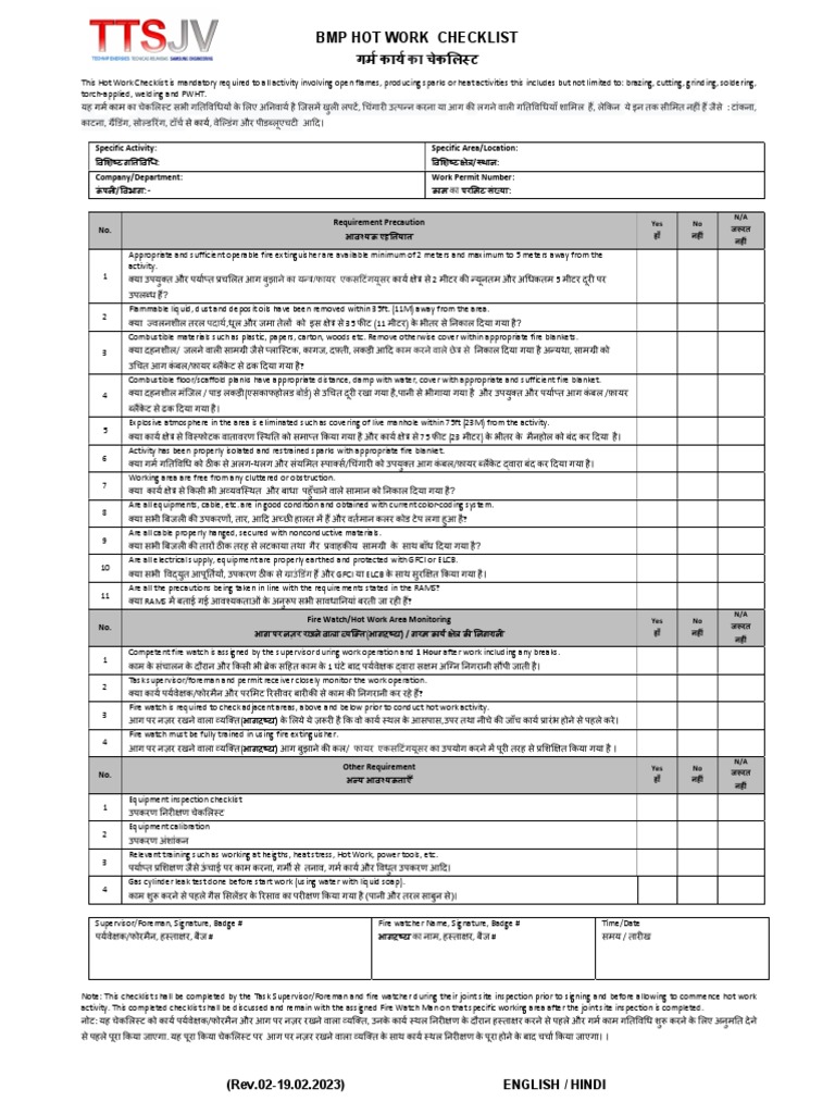 Hot Work Checklist - (English HINDI) Rev. 2 | PDF