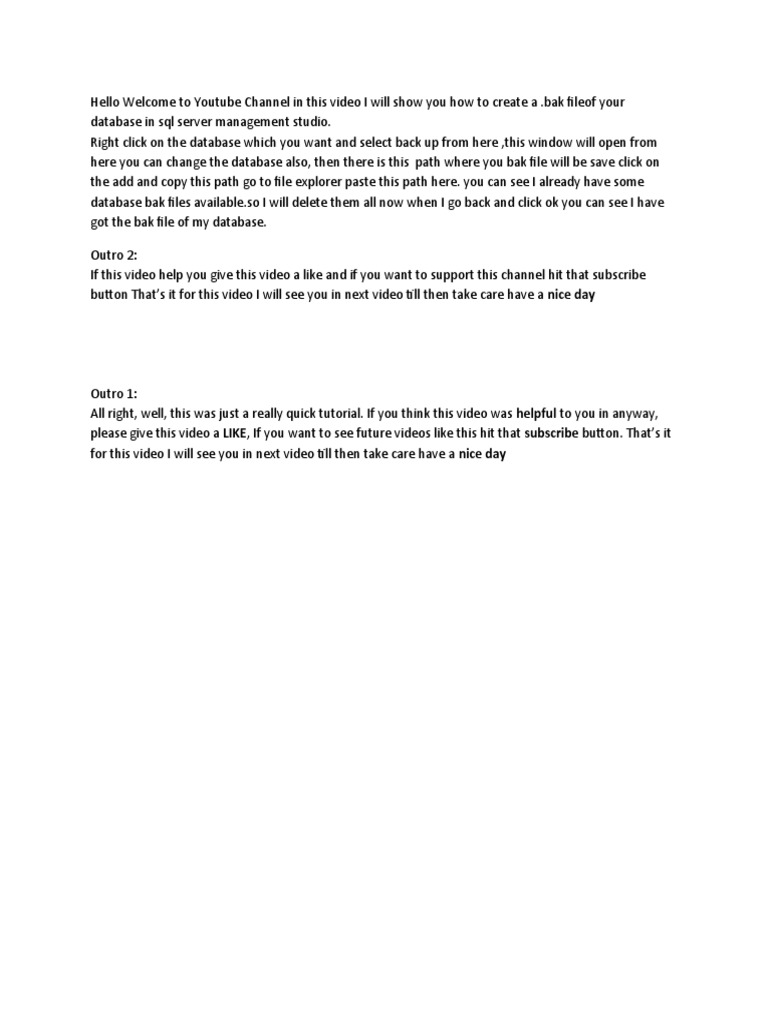 Creating A Bak File in SSMS | PDF
