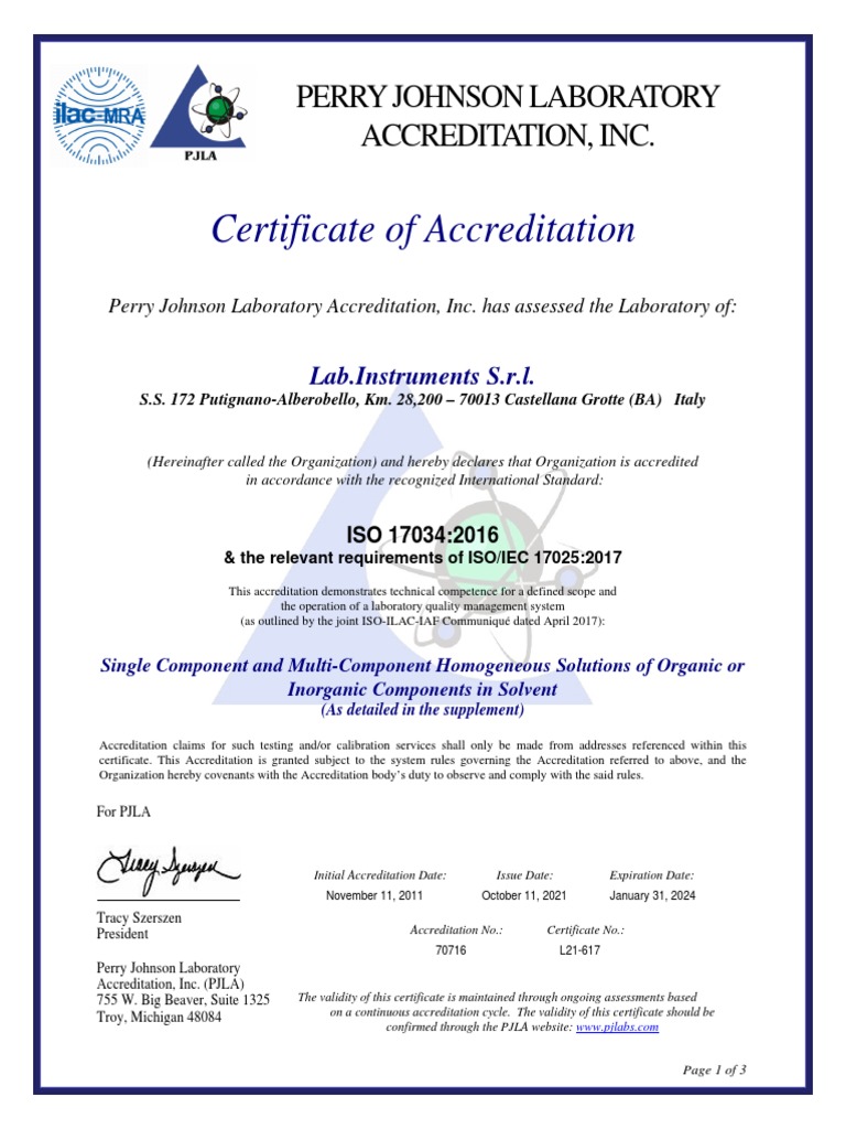 Certificate of Accreditation: Perry Johnson Laboratory Accreditation ...