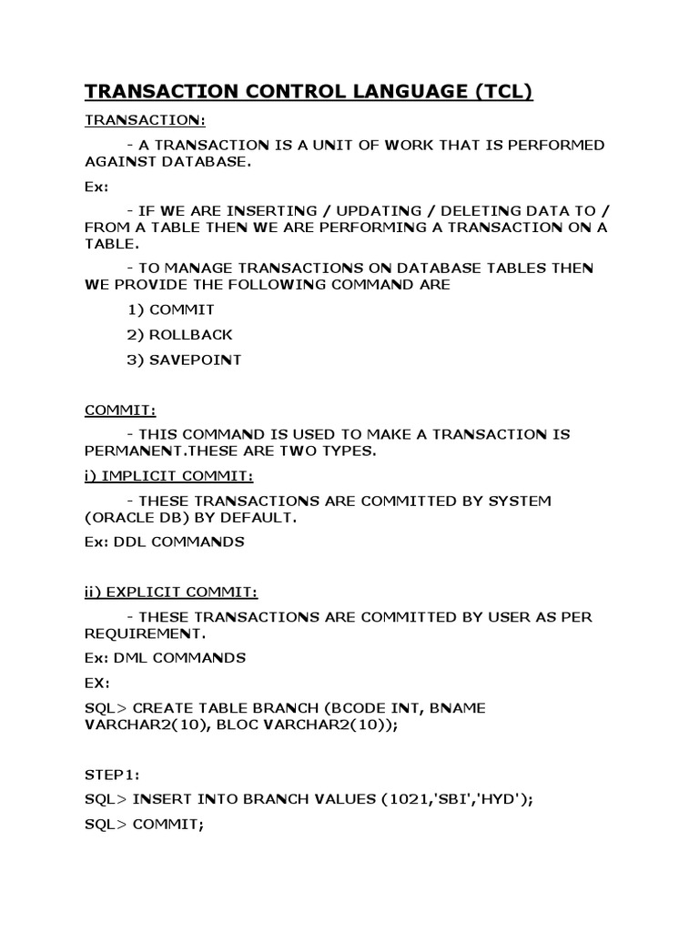 Transaction Control Language (TCL) | PDF | Database Transaction | Information Science