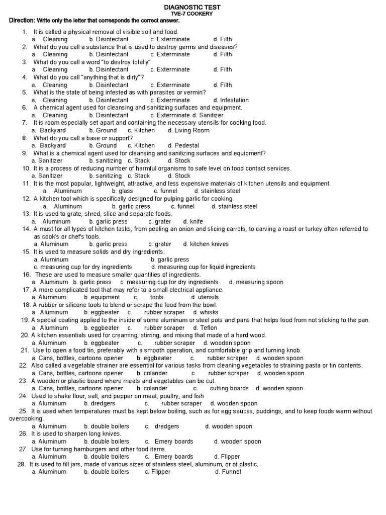 Diagnostic Test Tve 7-Cookery | PDF | Disinfectant | Refrigerator