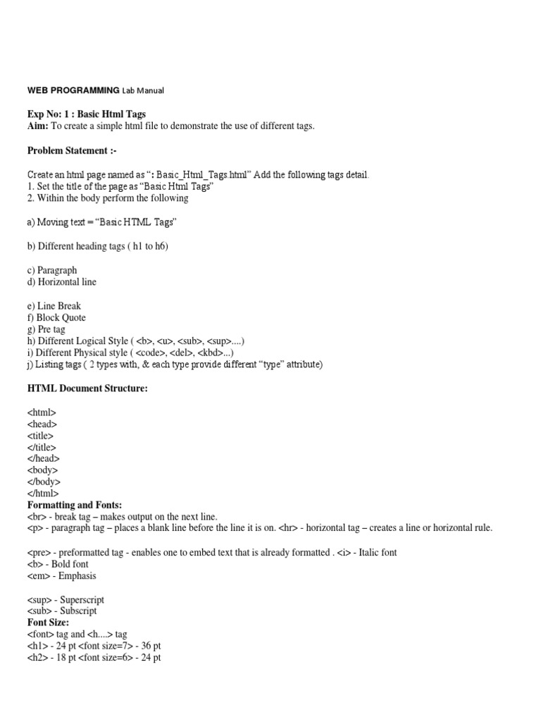 WEB PROGRAMMING Lab Manual | PDF | Html Element | Html