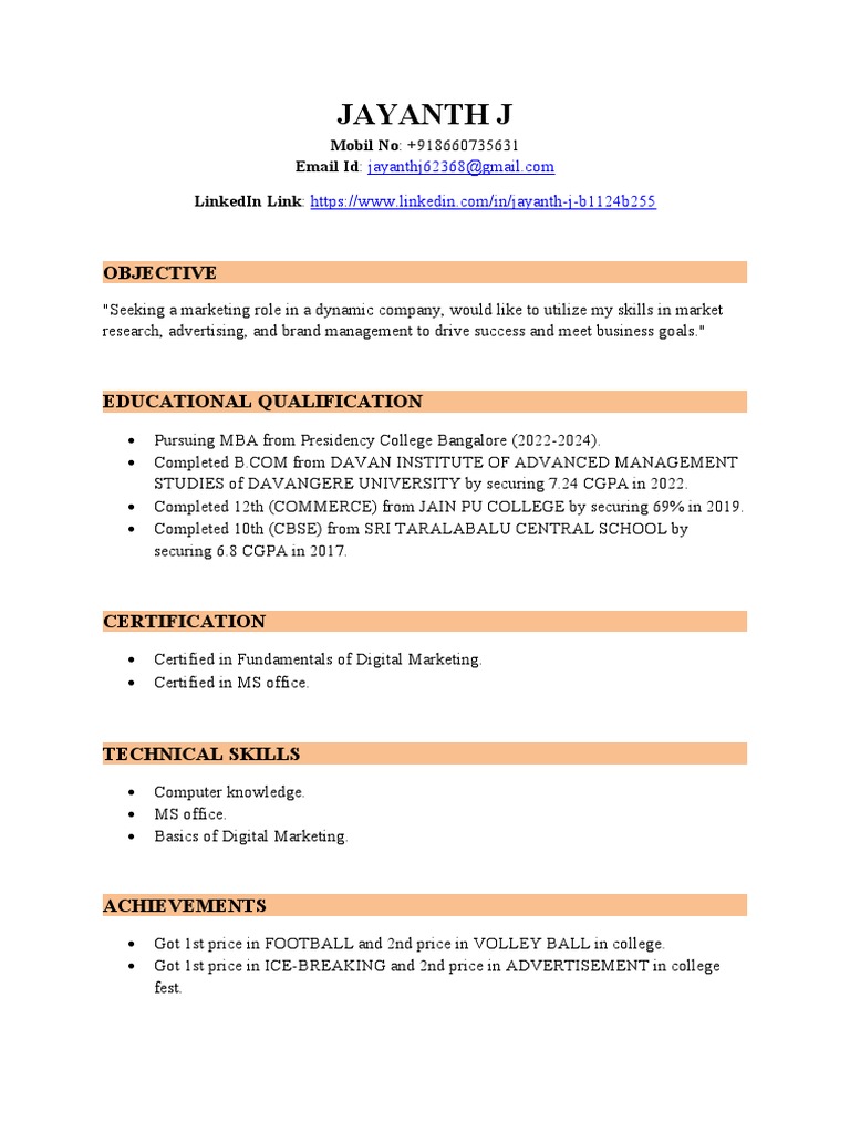Jayanth J 1 Resume Pdf 