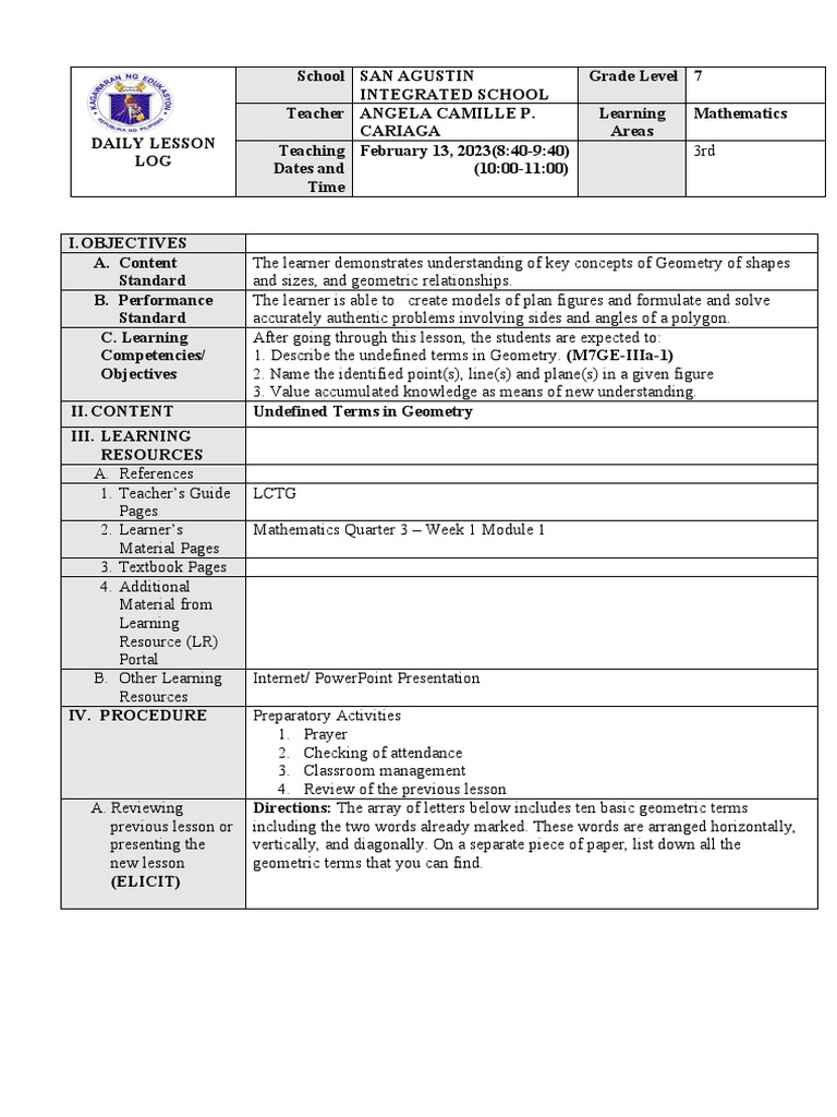 DLL Grade 7 Q3-Week 1-4 | PDF | Learning | Geometry