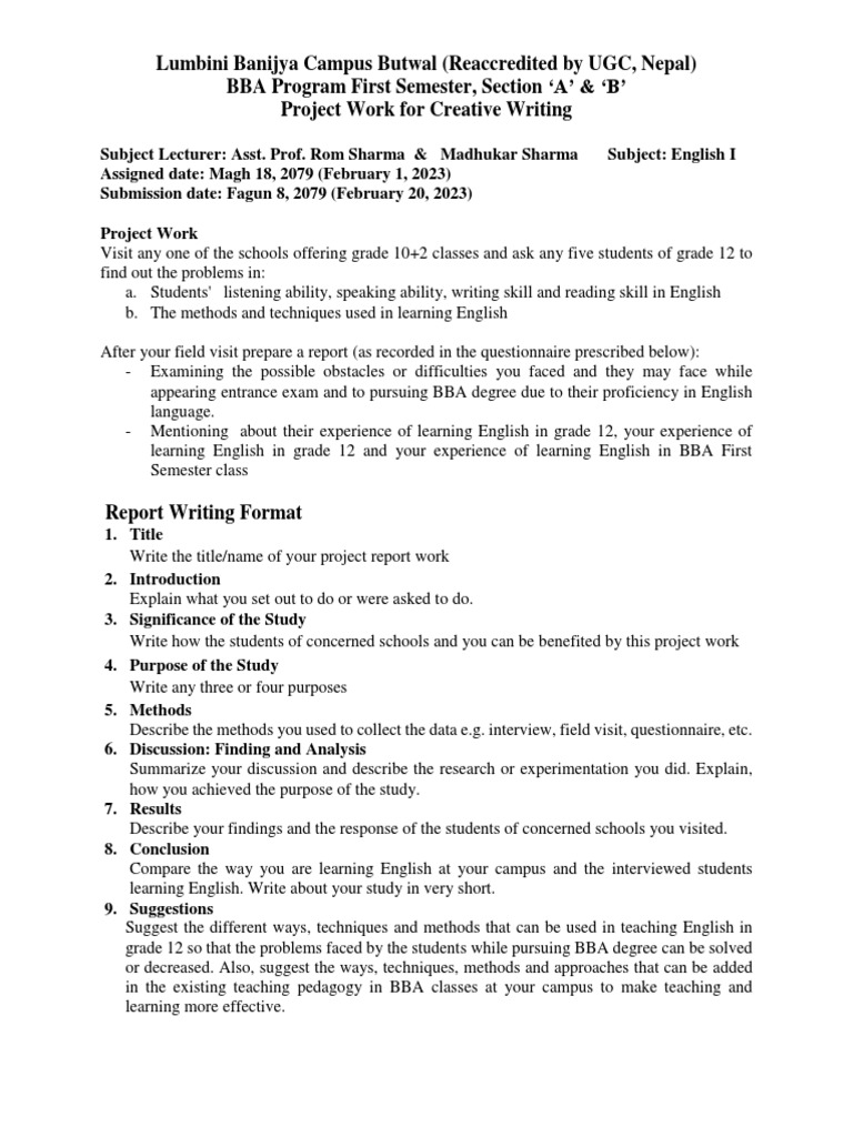 Project Work For Englsh I BBA-FA - 2079 | PDF | Cognition | Writing