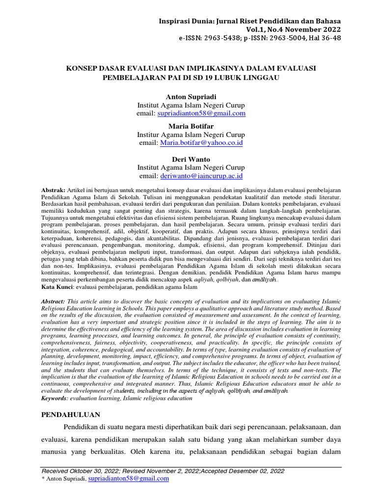36-48 Konsep Dasar Evaluasi Dan Implikasinya Dalam Evaluasi Pembelajaran Pai Di SD 19 Lubuk ...