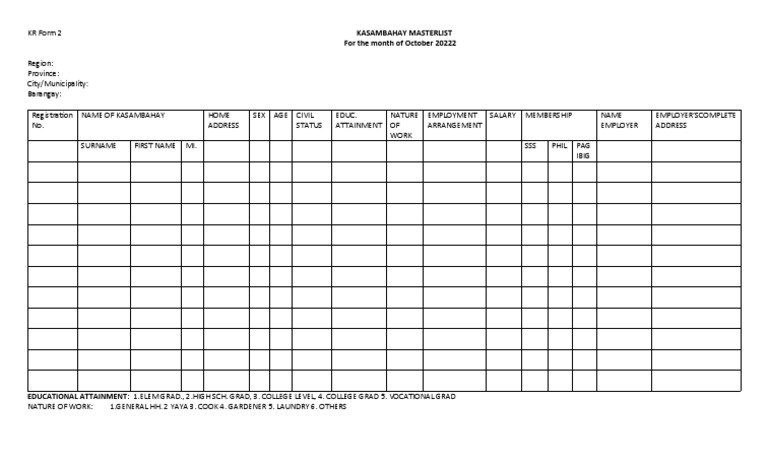 KR Form 2 Kasambahay Masterlist | PDF