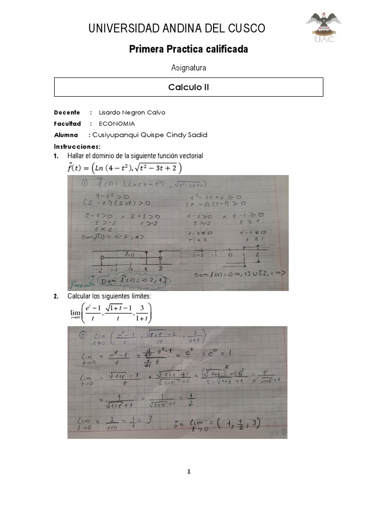Primera Practica Calificada de Calculo II . | PDF