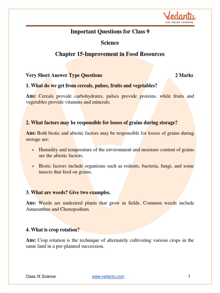 CBSE Class 9 Science Chapter 15 Improvement in Food Resources Important ...
