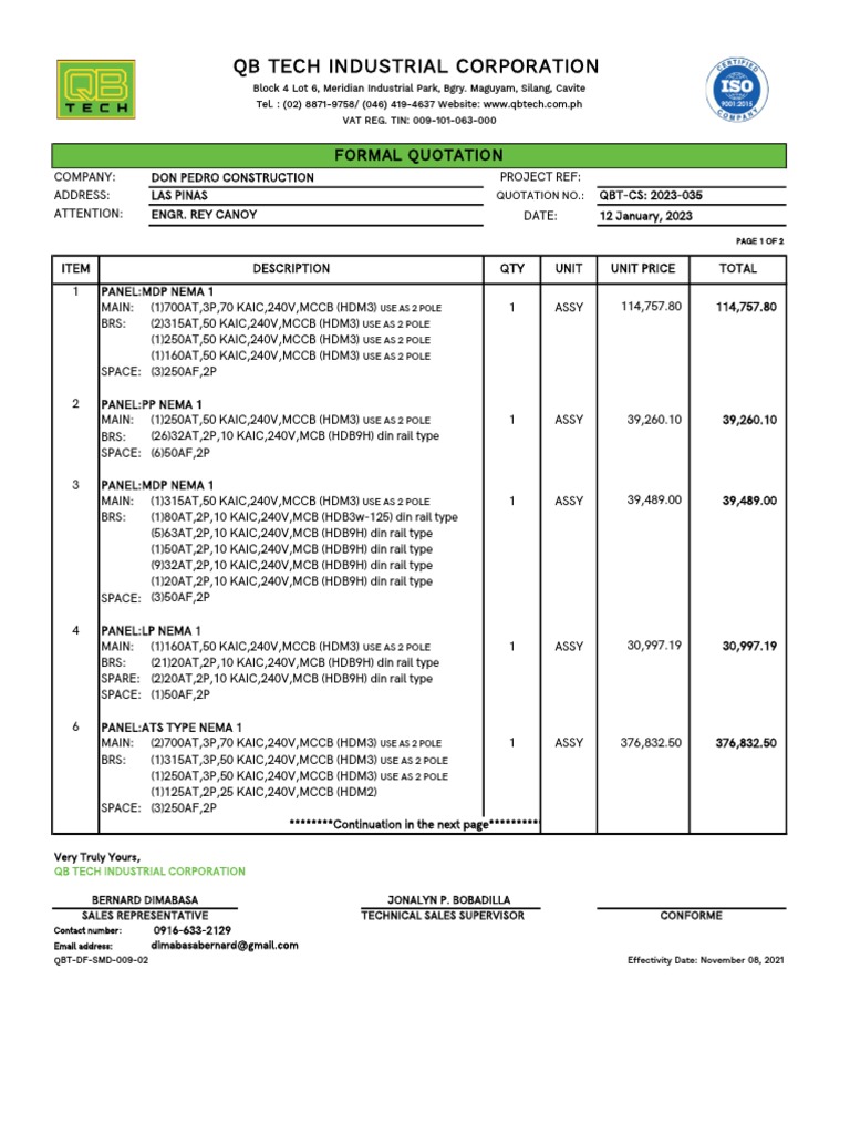 QB Tech Industrial Corporation: Formal Quotation | PDF