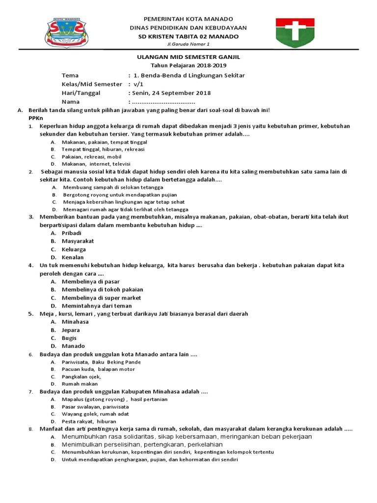 Soal Ulangan Mid Semester Ganjil Kelas 5 Tema 1 | PDF