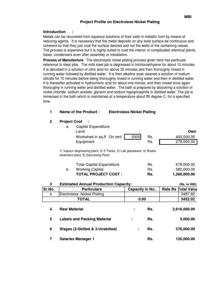 Project Profile On Electroless Nickel Plating | PDF | Cost | Chemistry