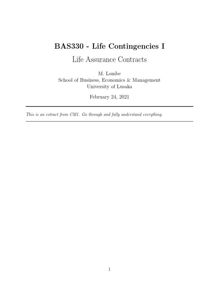 BAS330 Life Contingencies I Key Concepts | PDF | Life Insurance ...