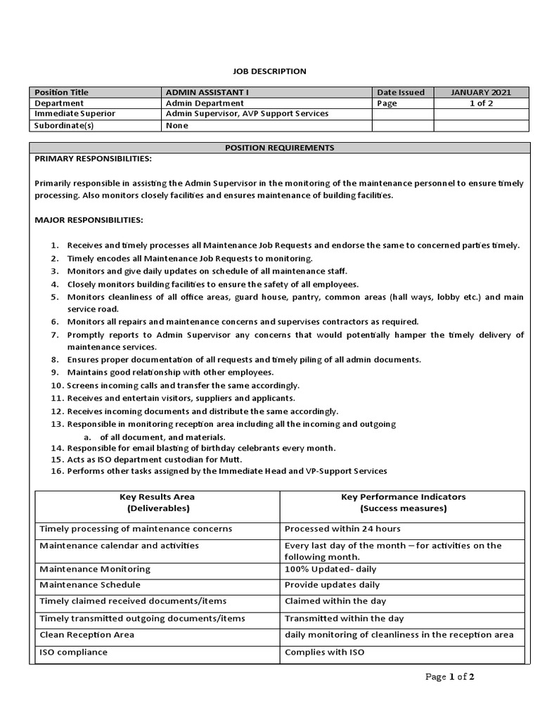 Admin Assistant I Job Description | PDF | Business