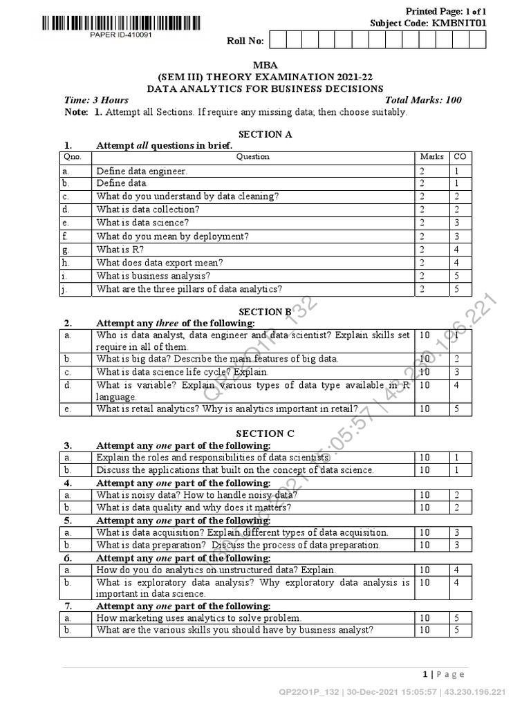 Mba 3 Sem Data Analytics and Business Decisions Kmbnit01 2022 | PDF | Data Analysis | Analytics