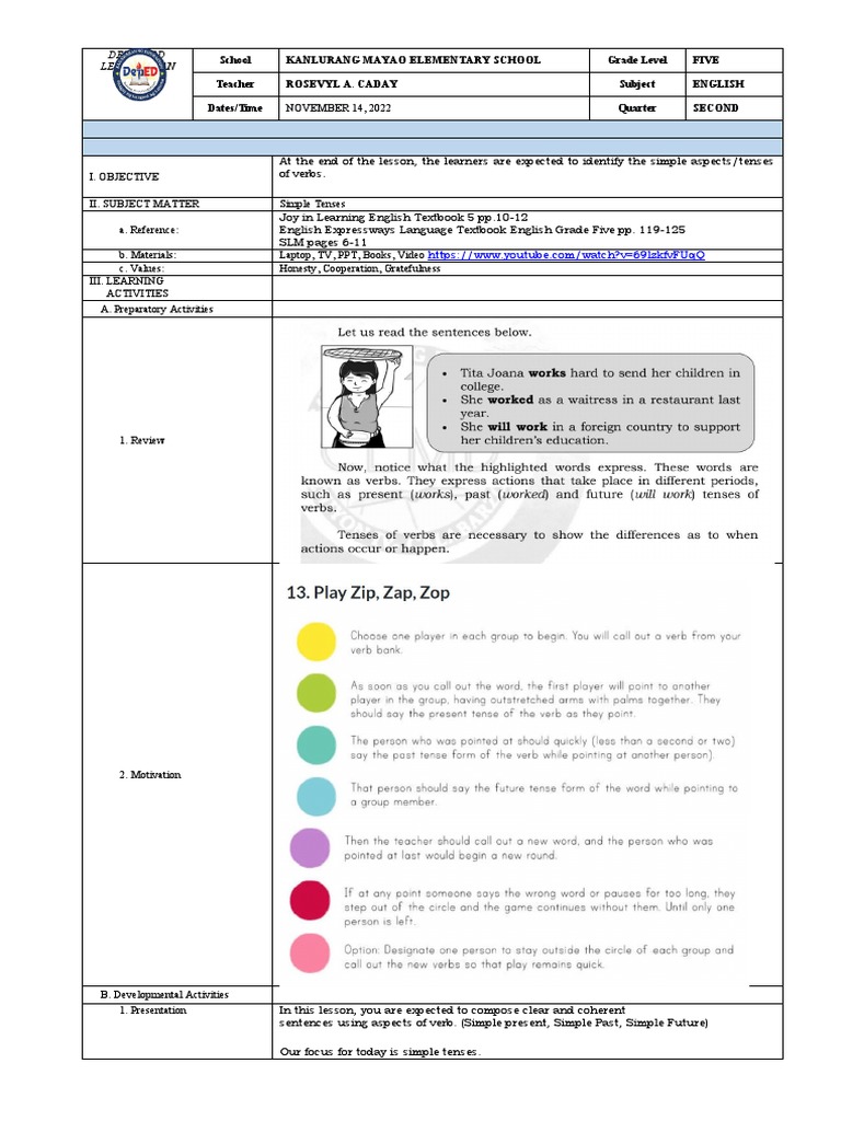 DLP English q2 w2 d1 | PDF | Grammatical Tense | Verb
