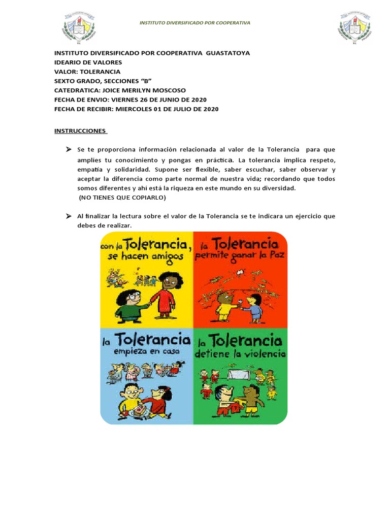 Actividad Del Valor de La Tolerancia | PDF | Tolerancia | Violencia