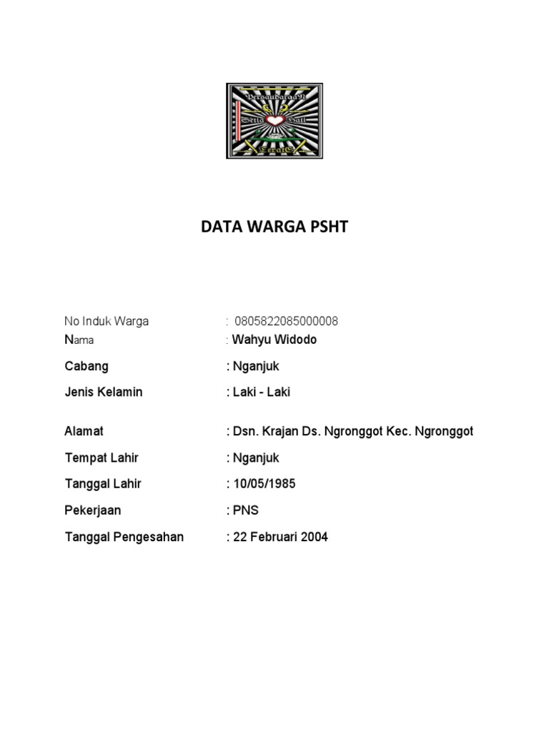 Data Warga PSHT: Wahyu Widodo | PDF