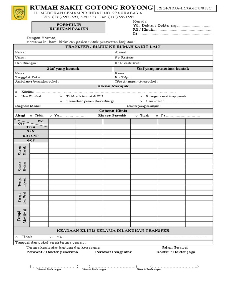 Formulir Rujukan Pasien: Alergi Riwayat Penyakit Tensi S / N RR / CVP ...
